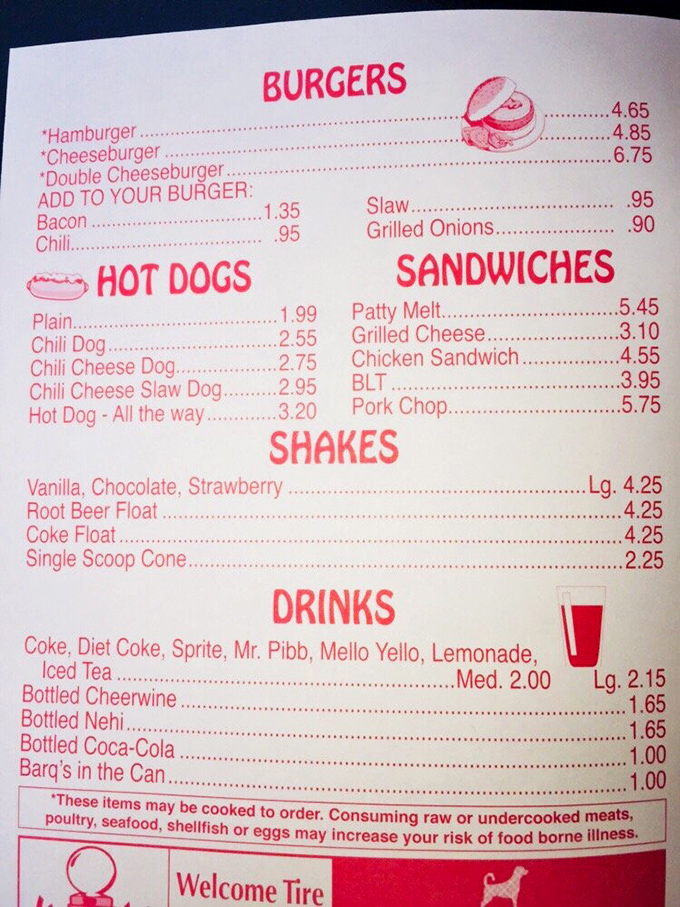 A menu that doesn't need fancy descriptions&mdash;just straightforward American classics done right. The red ink practically screams "comfort food ahead!"