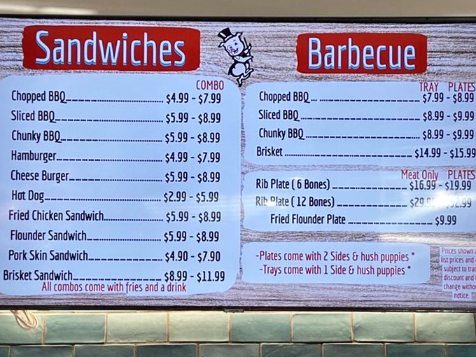 A menu board that cuts straight to the chase: no fusion, no confusion, just the holy trinity of North Carolina pork preparations waiting for your blessing.