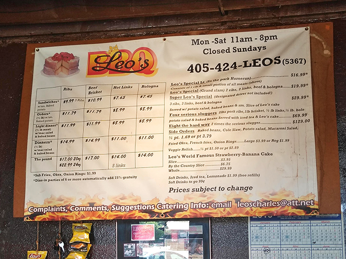 The menu board tells the delicious story of Leo's specialties, from ribs to hot links.