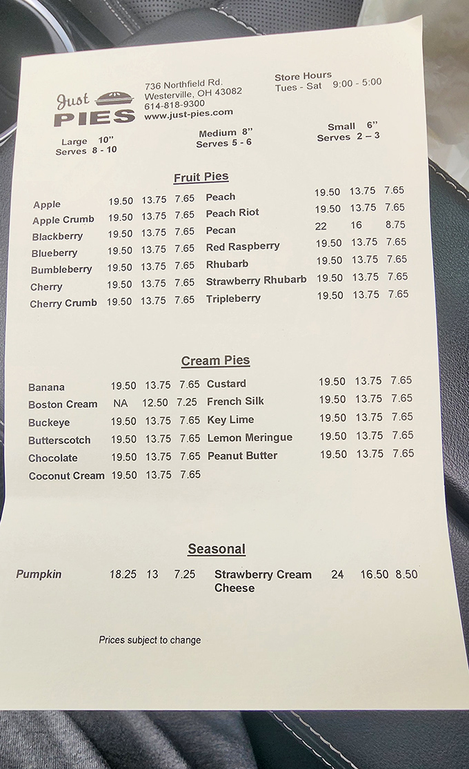This menu reads like poetry to pie lovers. From fruit classics to cream dream creations, the hardest part is choosing just one.