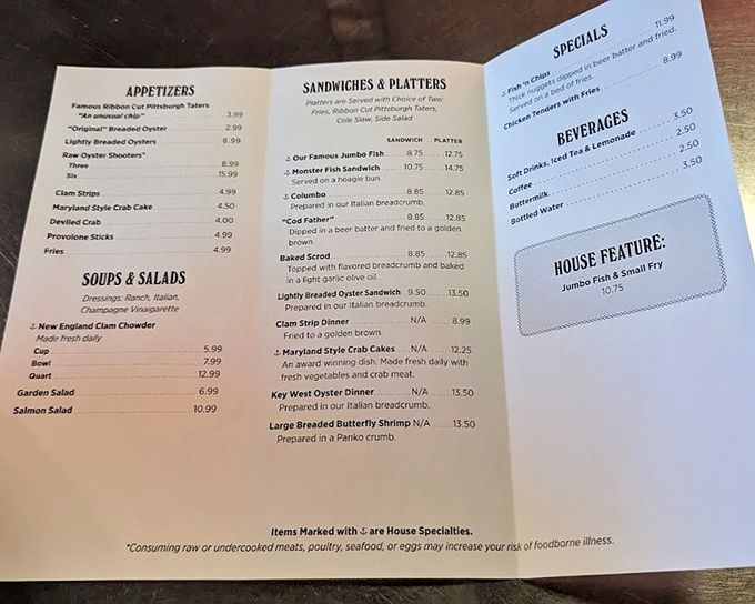 No fancy fonts or elaborate descriptions needed here. This straightforward menu says everything you need to know: seafood done right, no fuss.