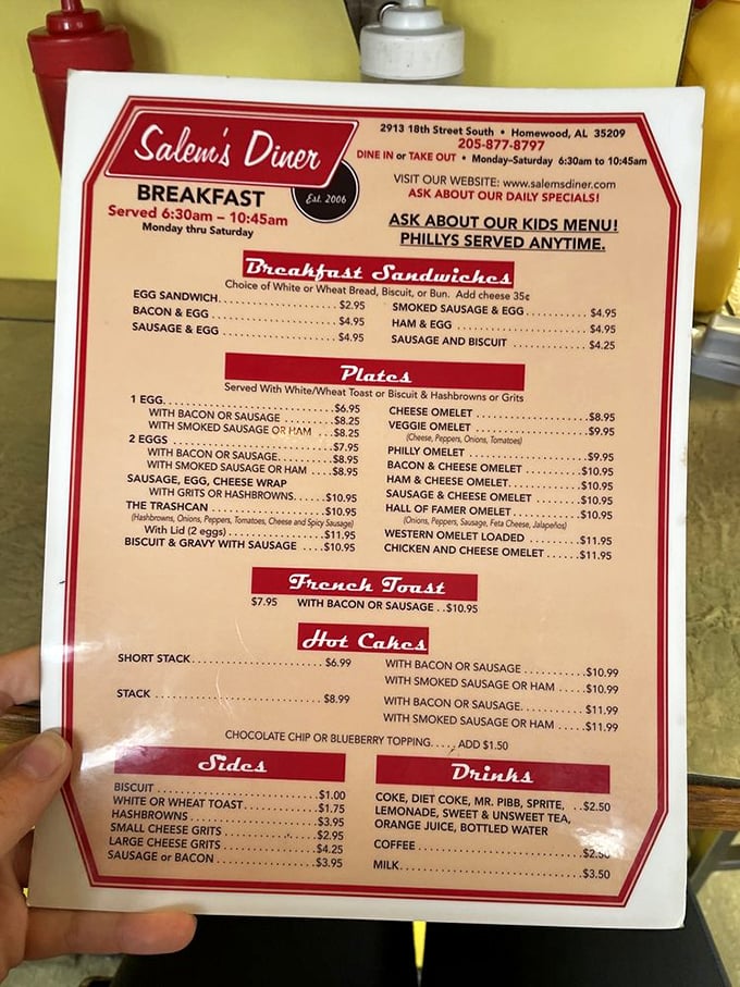 A menu that doesn't need fancy fonts or pretentious descriptions—just straightforward breakfast perfection that speaks the universal language of comfort food.