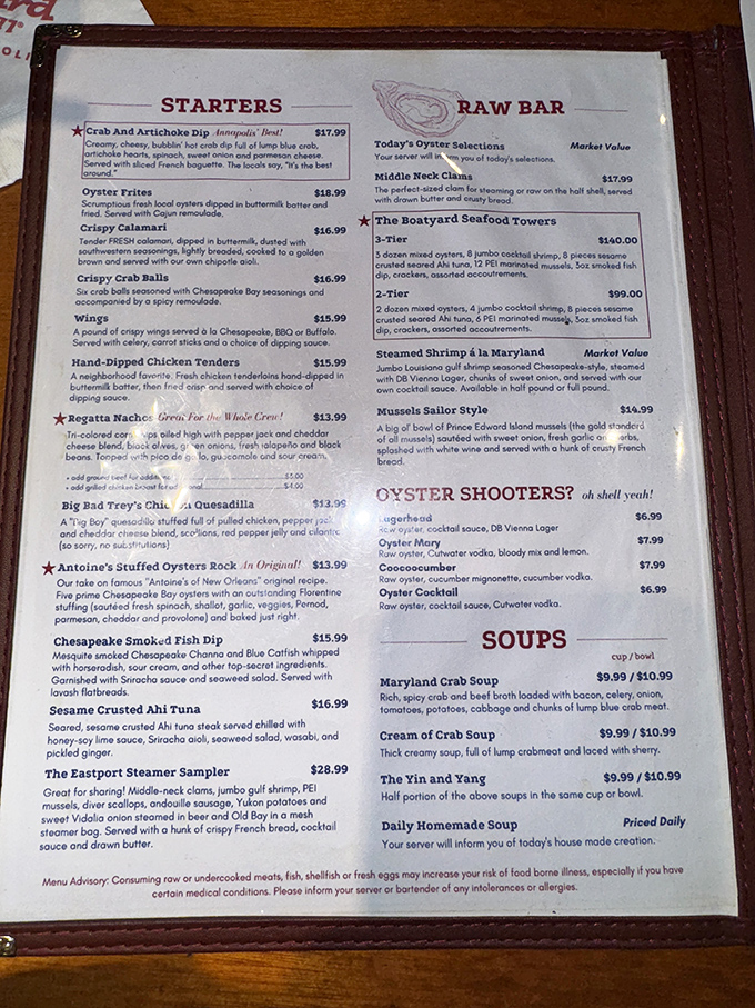 A menu that reads like a love letter to the Chesapeake Bay. The Seafood Towers alone might require a maritime license.