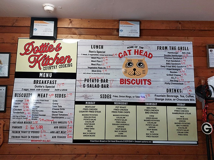 When the menu board features a smiling cat mascot next to "CAT HEAD BISCUITS," you know you're in for something special.