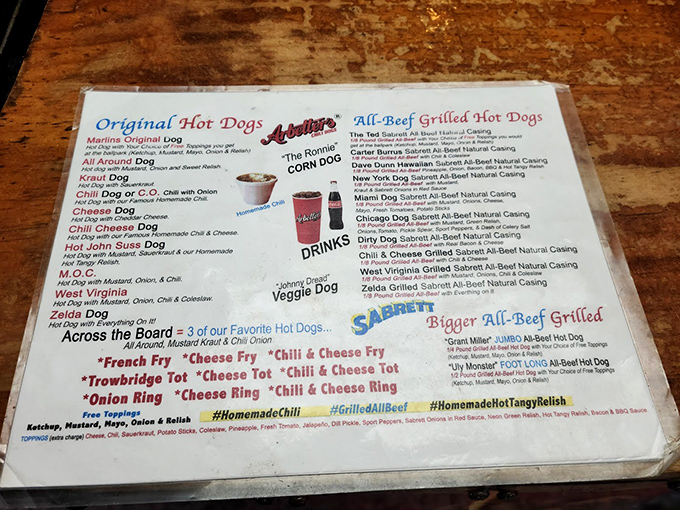 This menu reads like a love letter to hot dogs, offering everything from classic preparations to creative regional variations that'll keep you coming back.