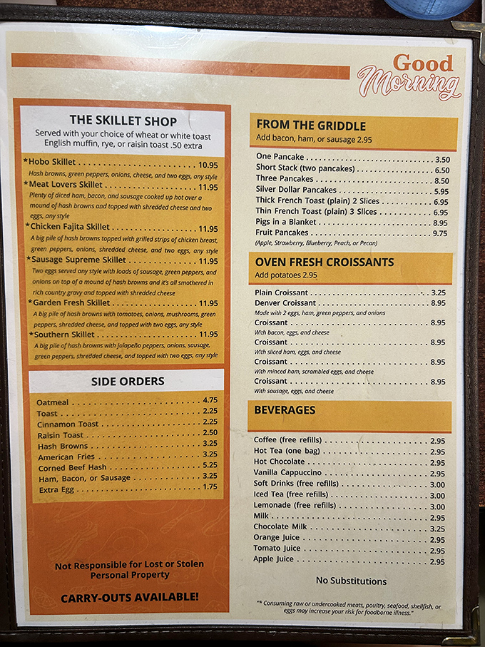 The menu reads like a love letter to breakfast classics&mdash;where "Hobo Skillet" isn't just a meal, it's a morning adventure waiting to happen.