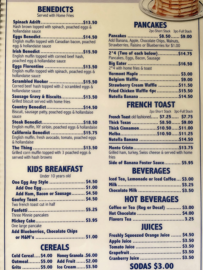 A menu that reads like a love letter to breakfast classics—each option more tempting than the last, making decisions deliciously difficult.