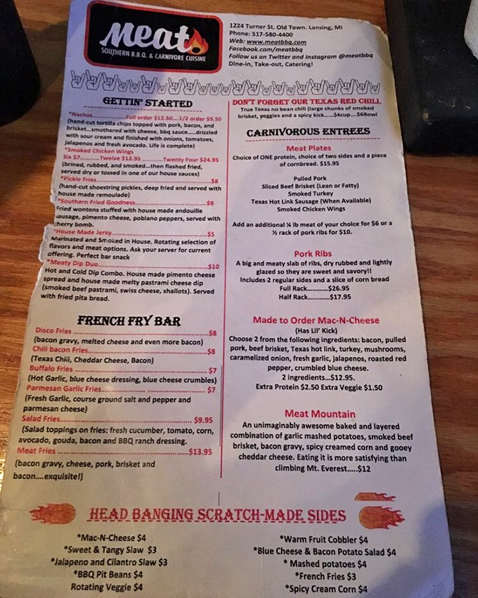 This menu isn't just a list—it's a roadmap to happiness. "Head Banging Scratch-Made Sides" might be the best food category name in history.