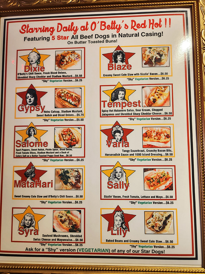 The star-studded menu reads like a burlesque hall of fame, with each hot dog creation named after legendary performers. Decision paralysis never tasted so good!