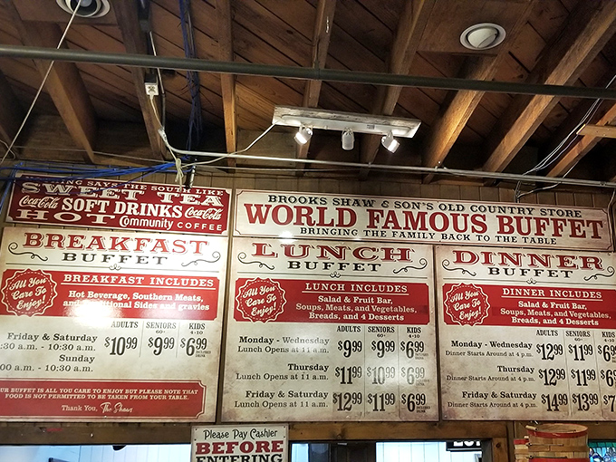 The World Famous Buffet menu board proudly announces breakfast, lunch, and dinner offerings&mdash;a roadmap to culinary bliss that locals have followed for generations.