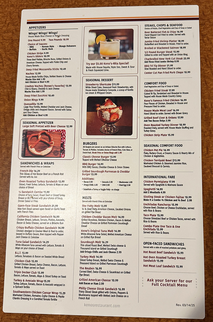 Keno's menu reads like a love letter to American comfort food classics &ndash; each page a tempting roadmap to culinary satisfaction.