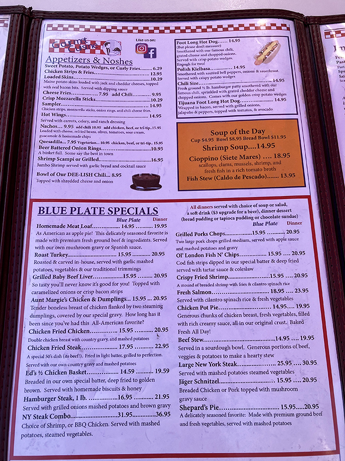 A menu that doesn't know the meaning of "small portions." Each page promises comfort food that your grandmother would approve of.