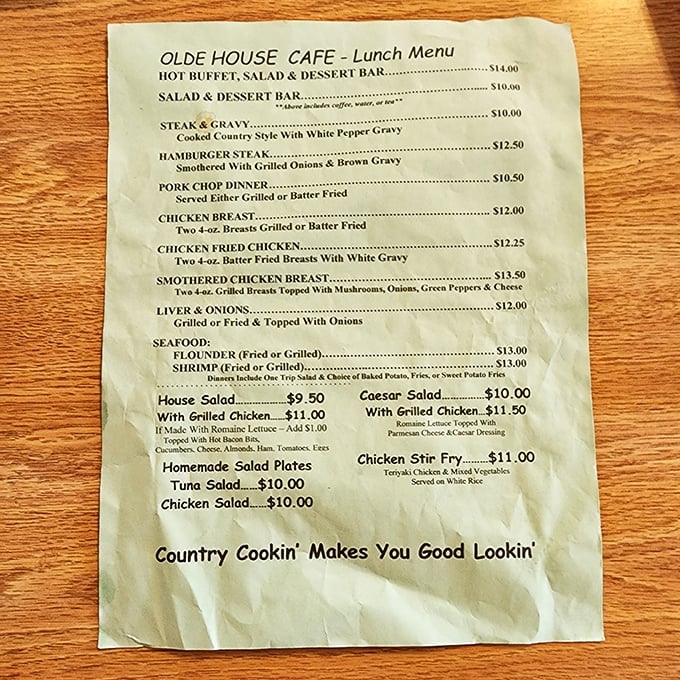 This menu isn't just a list &ndash; it's a love letter to Southern cooking. "Country Cookin' Makes You Good Lookin'" isn't just cute, it's a promise.