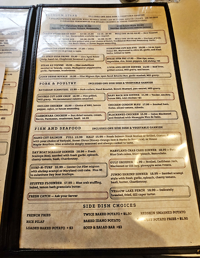 The menu reads like a love letter to carnivores and seafood enthusiasts alike &ndash; surf and turf heaven in landlocked Ohio.