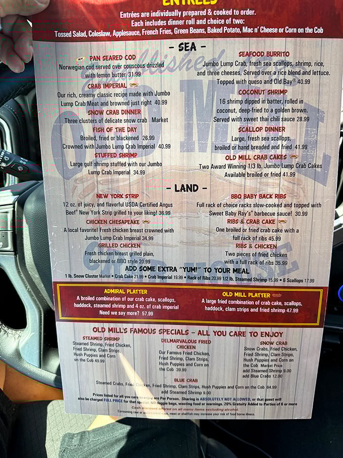 This menu isn't just a list&mdash;it's a treasure map where X marks the spot for award-winning crab cakes and seafood combinations that'll make you swoon.