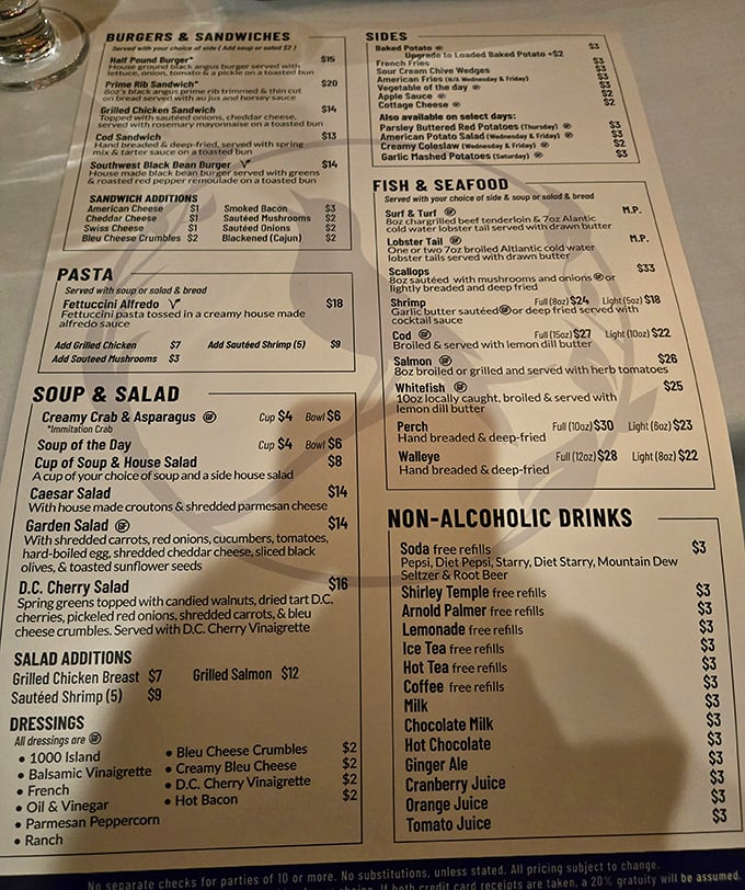 The menu reads like a love letter to Wisconsin dining traditions, with seafood, steaks, and supper club classics taking center stage.