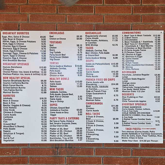 This menu isn't just a list&mdash;it's a treasure map. Each brick-mounted section guides you to your next favorite meal.
