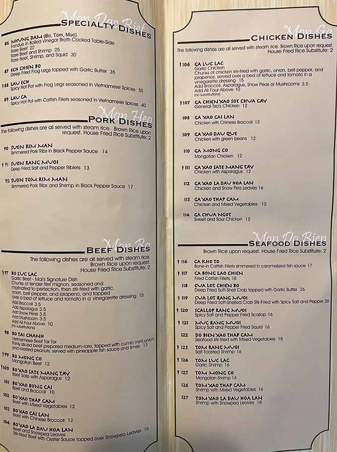 This menu reads like a love letter to Vietnamese cuisine, offering everything from pho to specialty dishes worth the trip.