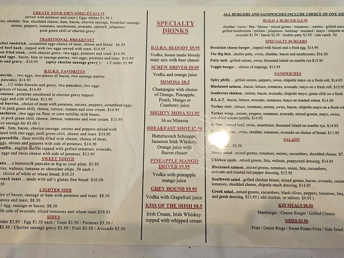 This menu isn't just a list of food—it's a roadmap to happiness with detours through pancake mountains and omelet valleys.