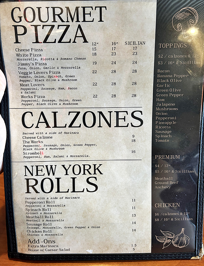 The menu reads like a love letter to Italian-American classics, with pizzas, calzones, and rolls that promise satisfaction.