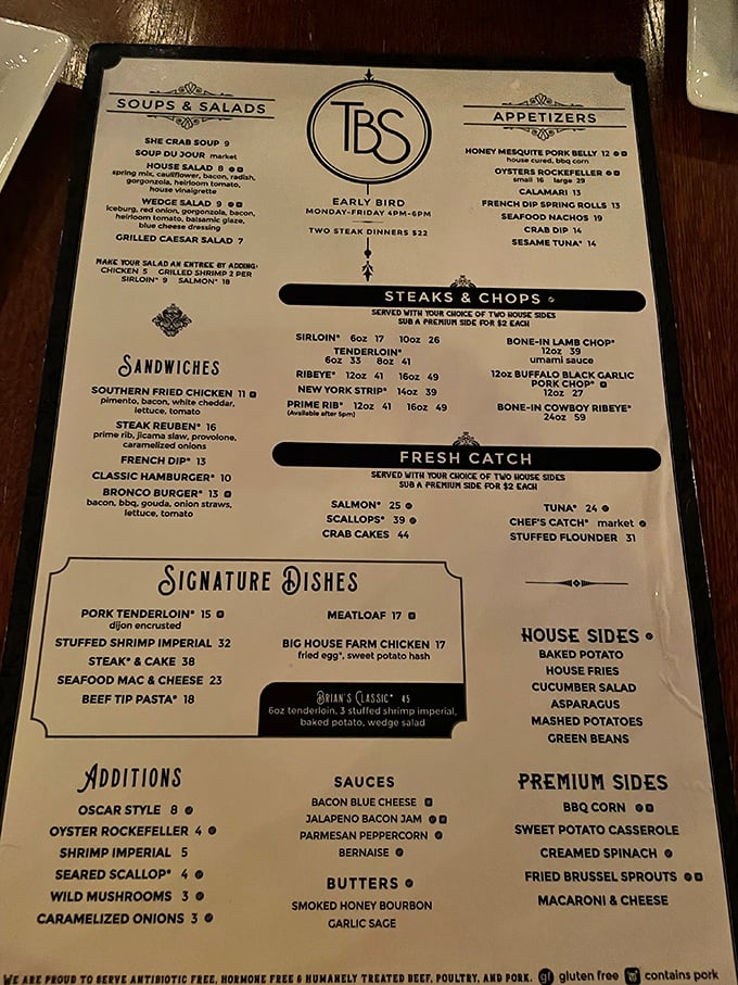 A menu that cuts straight to the chase&mdash;no flowery descriptions needed when your steaks speak this eloquently. That Early Bird special might be Virginia's best-kept secret.