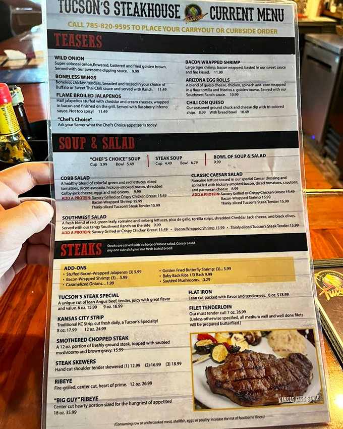 A menu that reads like poetry to carnivores. The "Big Guy" Ribeye isn't just a meal&mdash;it's a challenge worthy of a Kansas appetite.