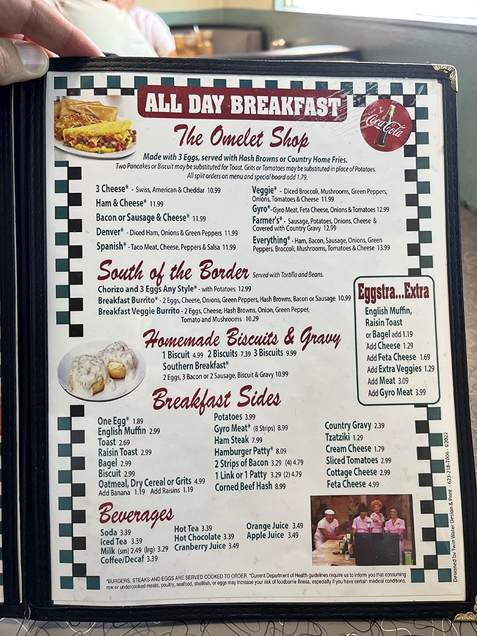 This menu isn't just laminated paper&mdash;it's a roadmap to happiness. The "Everything" omelet lives up to its ambitious name.