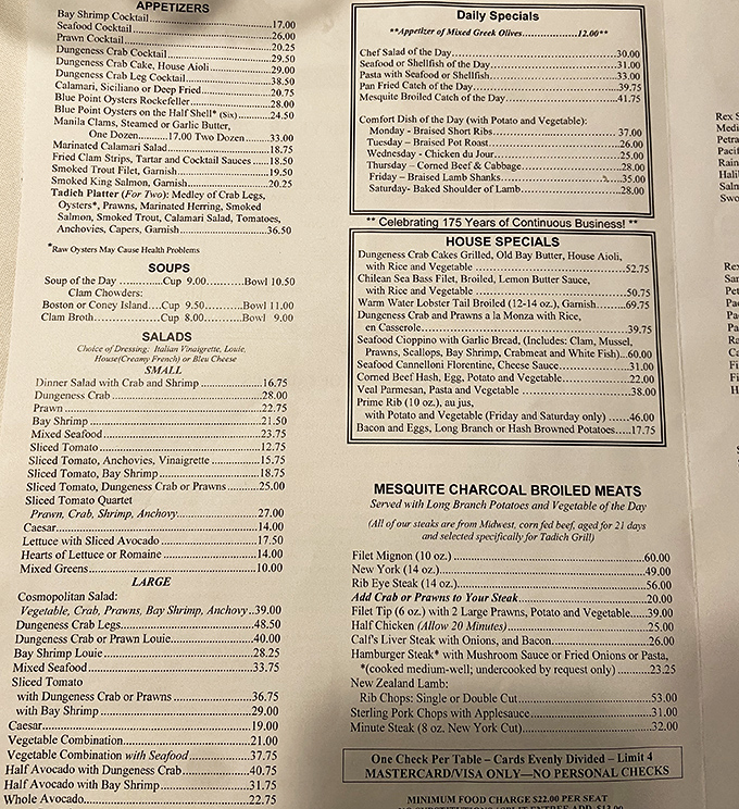 The menu reads like a love letter to seafood &ndash; notice how the "House Specials" section makes your mouth water before you've even ordered.