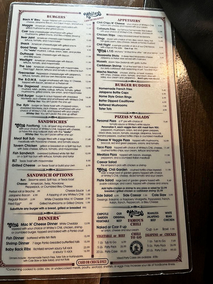 The menu at Whitey's reads like a love letter to comfort food, with creative burger options that'll have you planning your next visit before finishing your first.