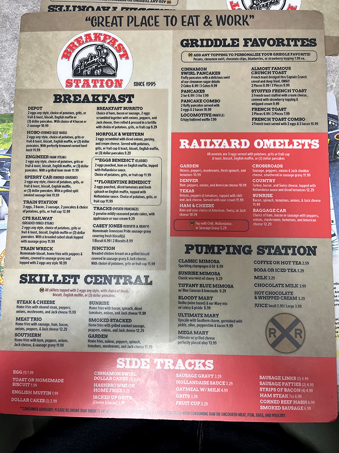 The railroad-themed menu reads like a love letter to American breakfast classics. Each section—from "Railyard Omelets" to "Griddle Favorites"—promises morning magic without pretension.