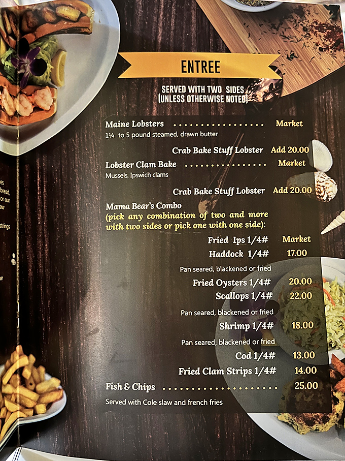 This menu reads like poetry to seafood lovers—Maine lobsters, fried Ipswich clams, and haddock prepared three ways? Be still my beating heart!