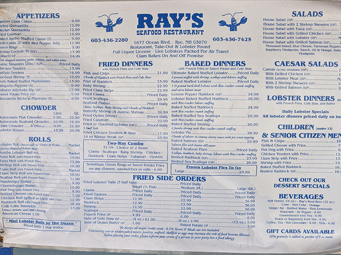 The menu at Ray's reads like a love letter to the ocean, offering everything from fried classics to baked specialties that have kept locals coming back for generations.