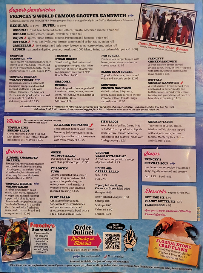 The menu reads like a love letter to the Gulf of Mexico, with grouper playing the starring role in multiple delicious variations.