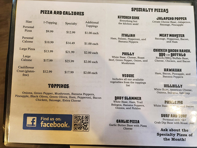 When a menu lists "Kitchen Sink" and "Pickle Pie," you know someone's having fun back in that kitchen.