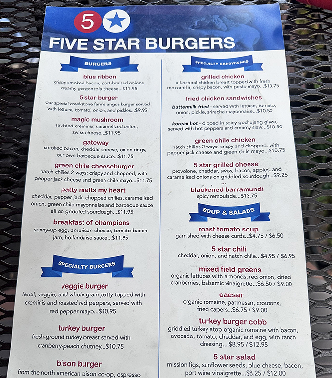 This menu reads like a love letter to creative burger combinations, each one more tempting than the last.