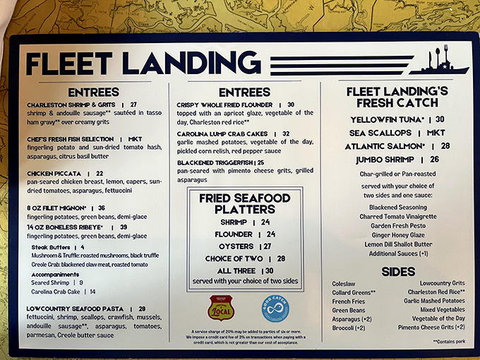 The menu reads like a love letter to Lowcountry cuisine, with Charleston Shrimp & Grits taking center stage in this seafood symphony.