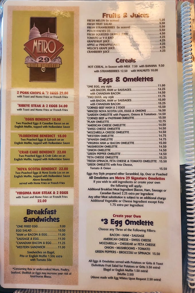 This menu isn't just a list of food—it's a roadmap to happiness. The Eggs Benedict section alone deserves its own ZIP code.