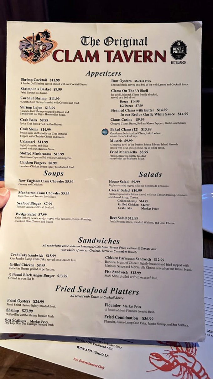 A menu that reads like poetry to seafood lovers. Notice there's no "market price" for happiness&mdash;that comes standard with every order.