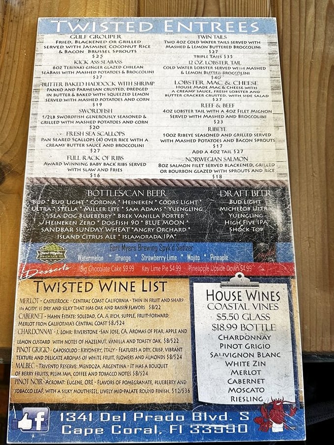 This menu isn't just a list&mdash;it's a maritime treasure map where X marks the spot for "Kick Ass Seabass" and lobster prepared every way but apologetically.