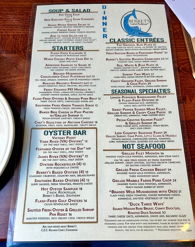 A menu that reads like a love letter to the Chesapeake Bay—where deciding between oysters and crab dip becomes life's most delicious dilemma.