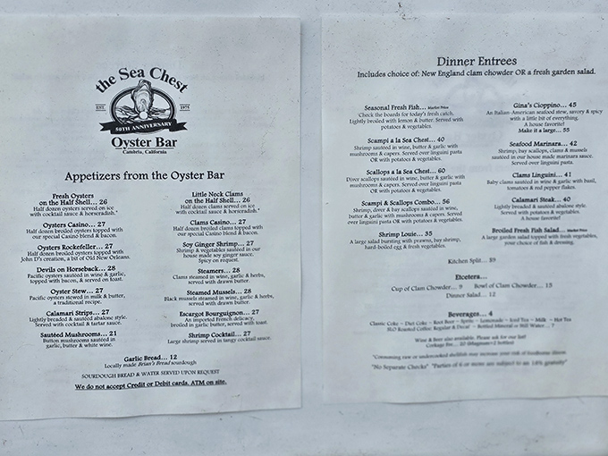 The menu reads like poetry to seafood lovers—a siren song of oysters, scampi, and cioppino that makes decision-making deliciously difficult.