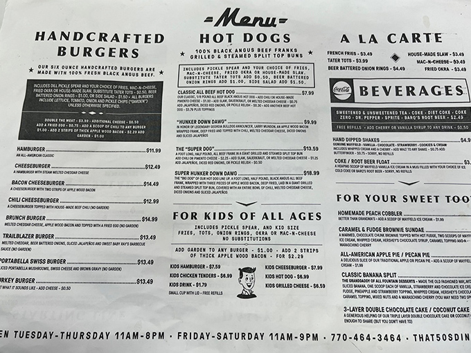 This isn't just a menu—it's a roadmap to happiness with handcrafted burgers and hot dogs leading the delicious expedition.