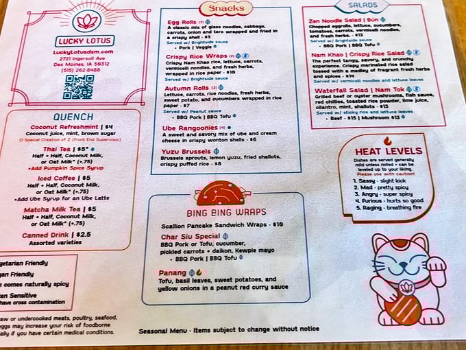 A menu that clearly marks heat levels and dietary options&mdash;because nobody wants surprise habaneros ruining their lunch date.