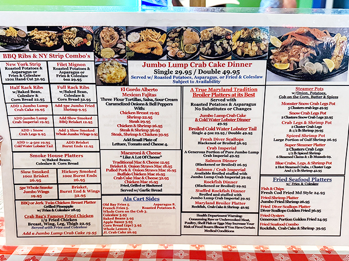 A menu that reads like a love letter to Maryland seafood. Decision paralysis has never been so delicious—just close your eyes and point.