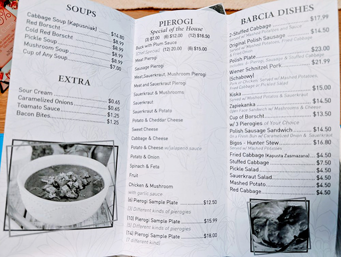 This menu is a roadmap to happiness – from classic pierogis to hearty Polish plates, each option more tempting than the last.