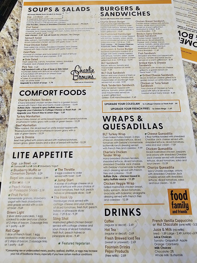 The menu reads like a love letter to American comfort food classics. Each laminated page holds the promise of satisfaction without pretension.