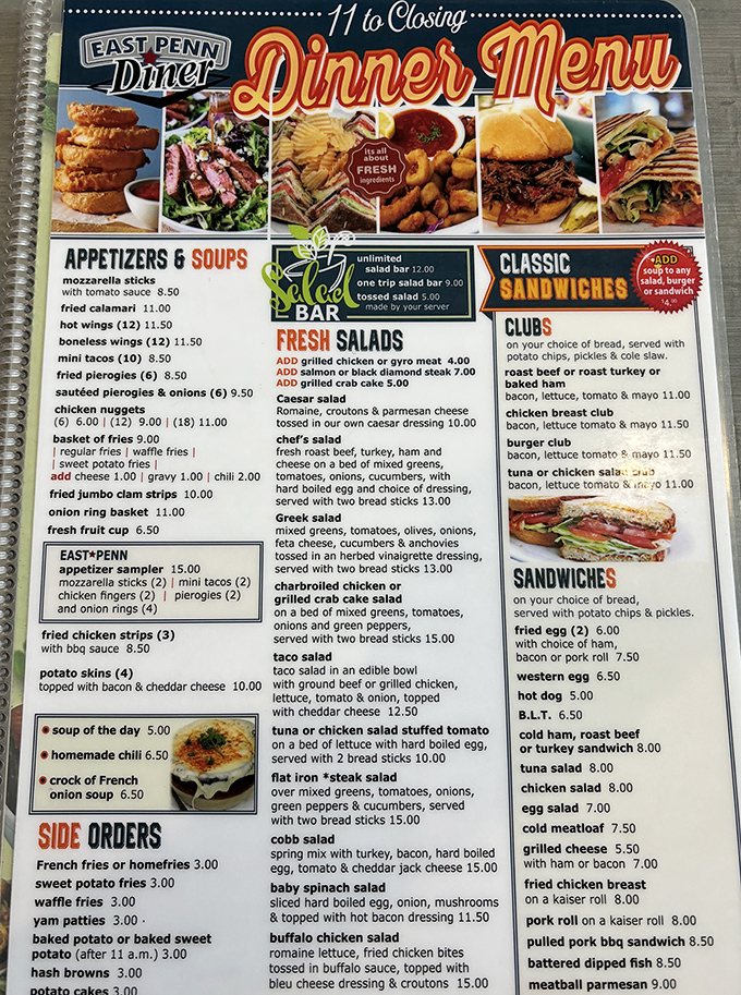 A menu that reads like a love letter to comfort food. From pierogies to club sandwiches, each page promises satisfaction.