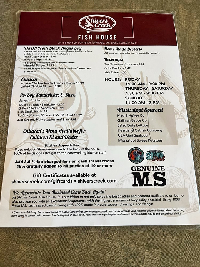 The menu at Shivers Creek Fish House offers a delicious variety of Southern favorites, seafood, and comforting classics.