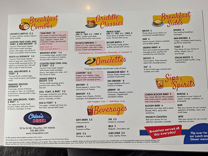 The menu doesn't just list food; it promises a journey through American comfort classics. Breakfast served all day is civilization at its peak.