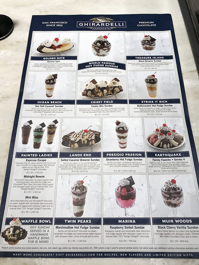 This menu isn't just a list—it's a roadmap to happiness with San Francisco-themed sundaes that'll make your taste buds dance.